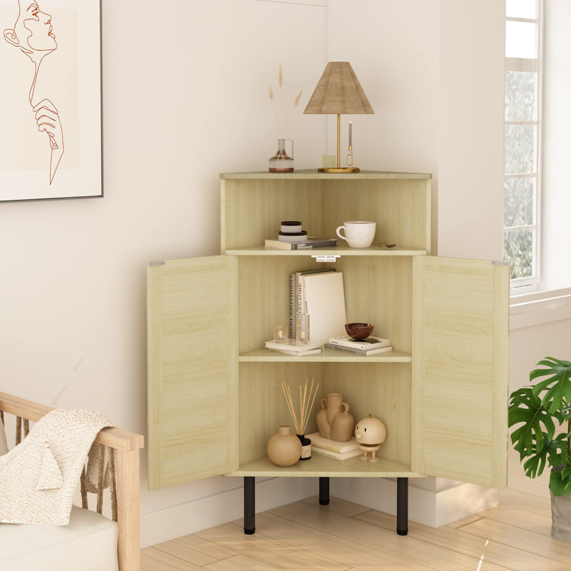 4 Tier Corner Cabinet With Doors Shelves Rattan Freestanding Bar Storage Cabinet Corner Table For Small Spaces Living Room Kitchen Bathroom